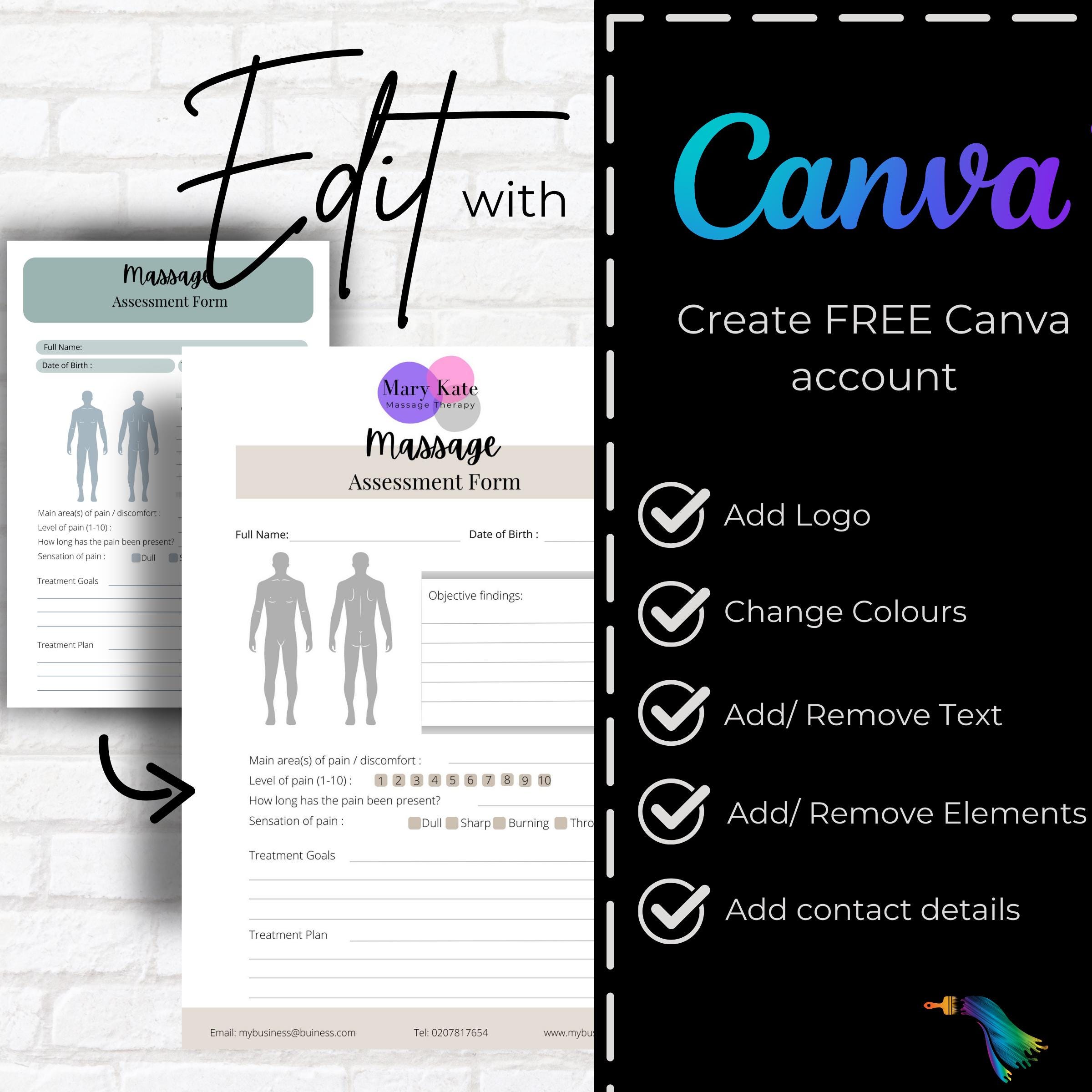 Massage Assessment Form Template: Editable Therapist Forms (canva PDF ...