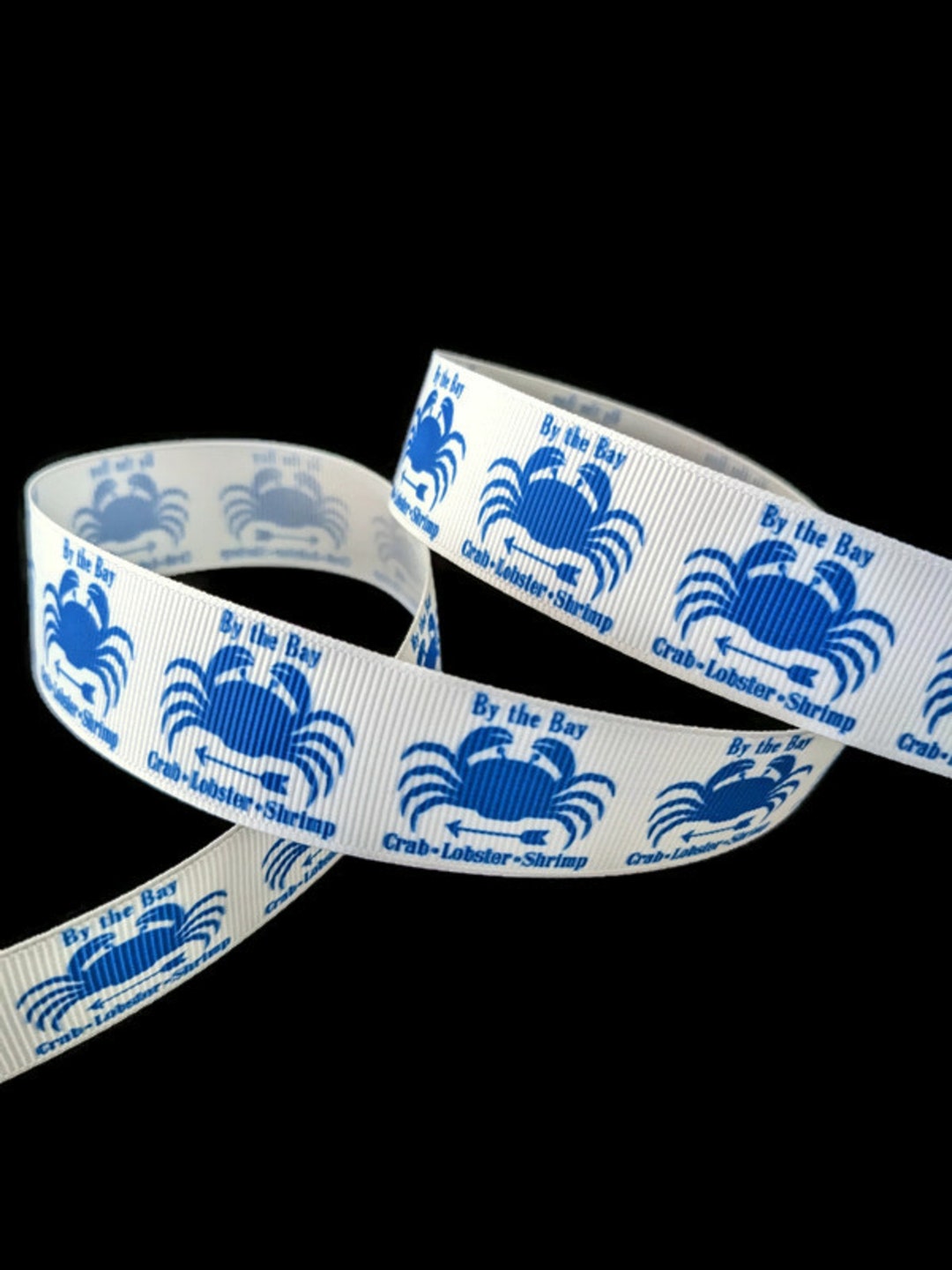 By the Bay Blue Crab Lobster Seafood 1" Printed Grosgrain Ribbon, Shell ...