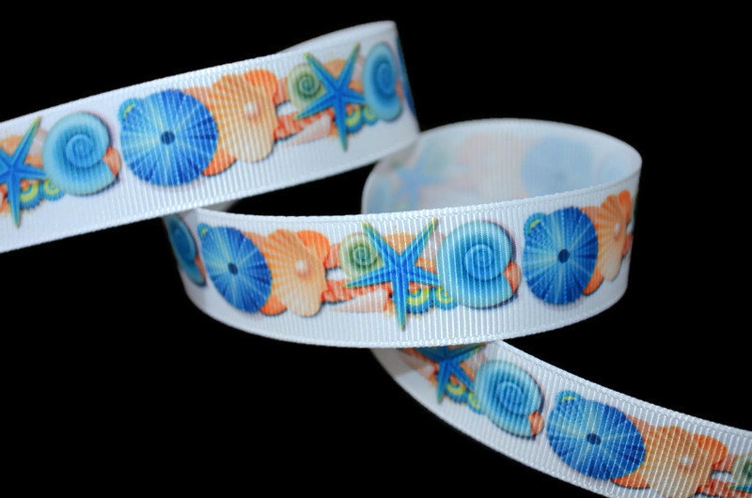 Sea Shell Star Fish 1" Printed Grosgrain Ribbon, Beach Ribbon, Nautical ...