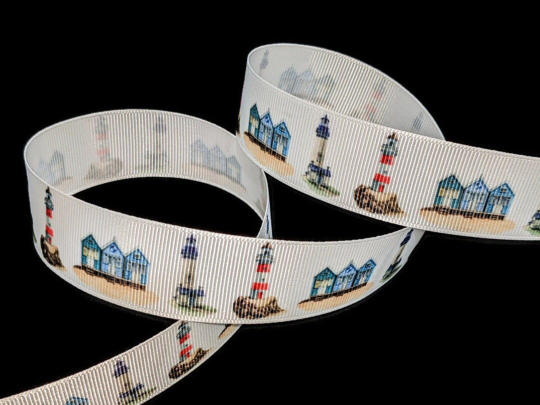 Beach Building Scene Lighthouses 1" Printed Grosgrain Ribbon, Nautical ...