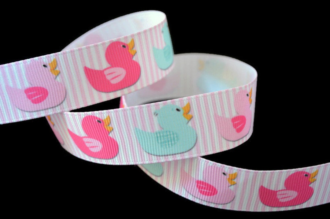 Rubber Duck Pink Striped Background Printed Grosgrain Ribbon, Baby ...