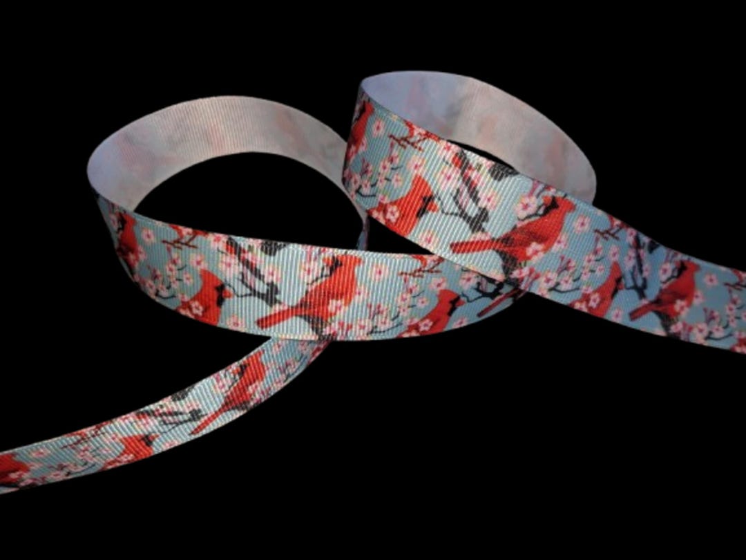 Red Cardinal Bird With Pink Flower 7/8" Printed Grosgrain Ribbon ...