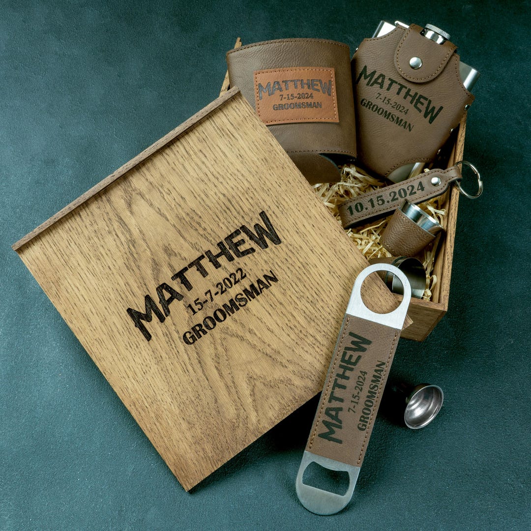 Best Man Invitation Wooden Keepsake Box, Gift Box With Hip Flask ...