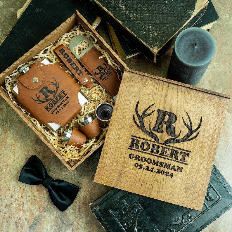 Best Man Invitation Wooden Keepsake Box, Gift Box With Hip Flask ...