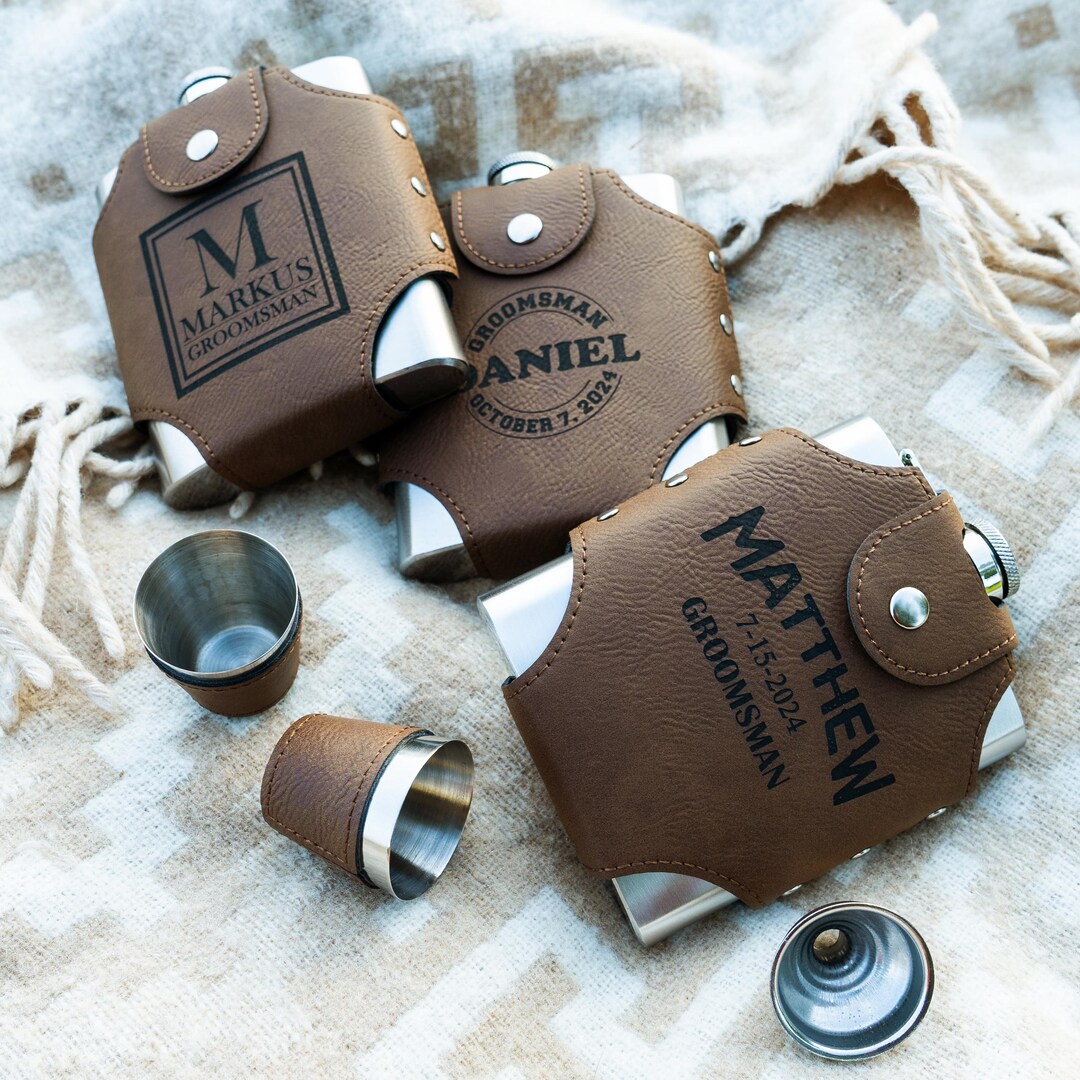 Custom Leather Hip Flask With Shot Glasses & Funnel, Bachelor Party ...