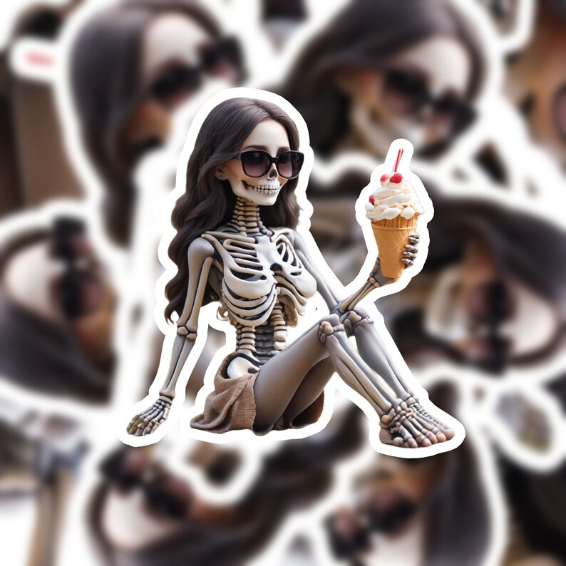 Ice Cream Girl Skelly Sticker, Funny Skeleton Sticker, Cool Skeleton ...