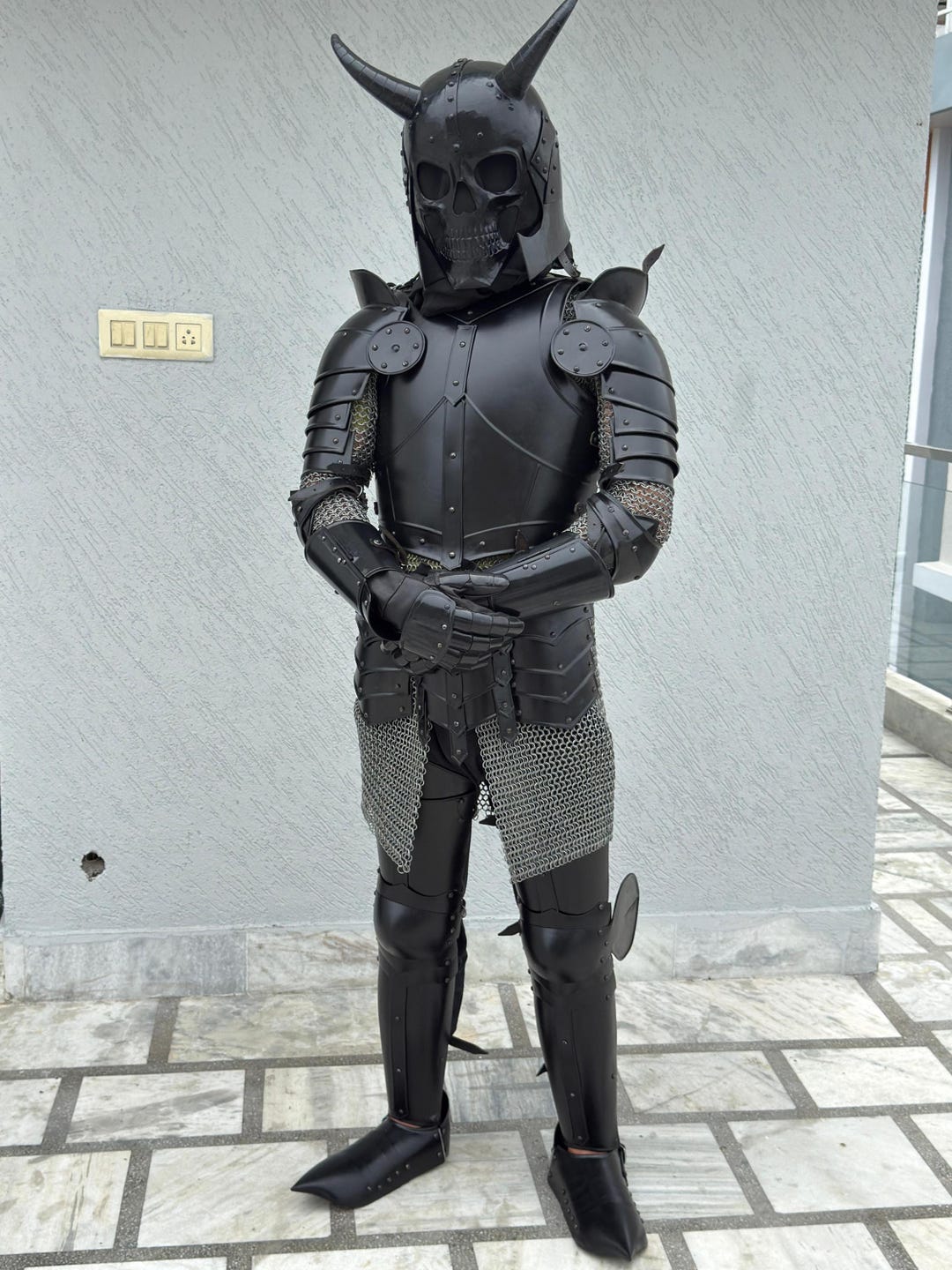 Full Black Demon Armor | Horned Skull Helmet, Cosplay LARP Costume - Etsy