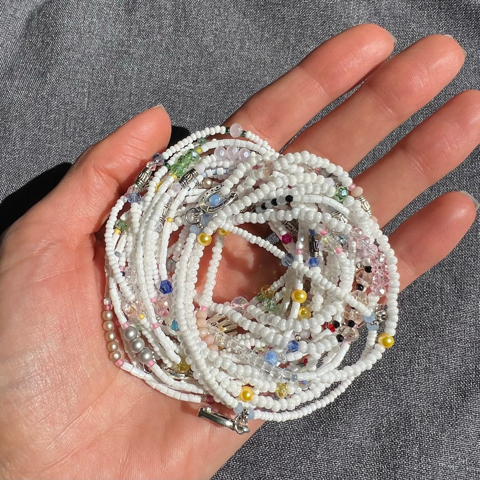 24 Strand White Seed Bead Stretch Bracelet With Colorful Crystals and ...