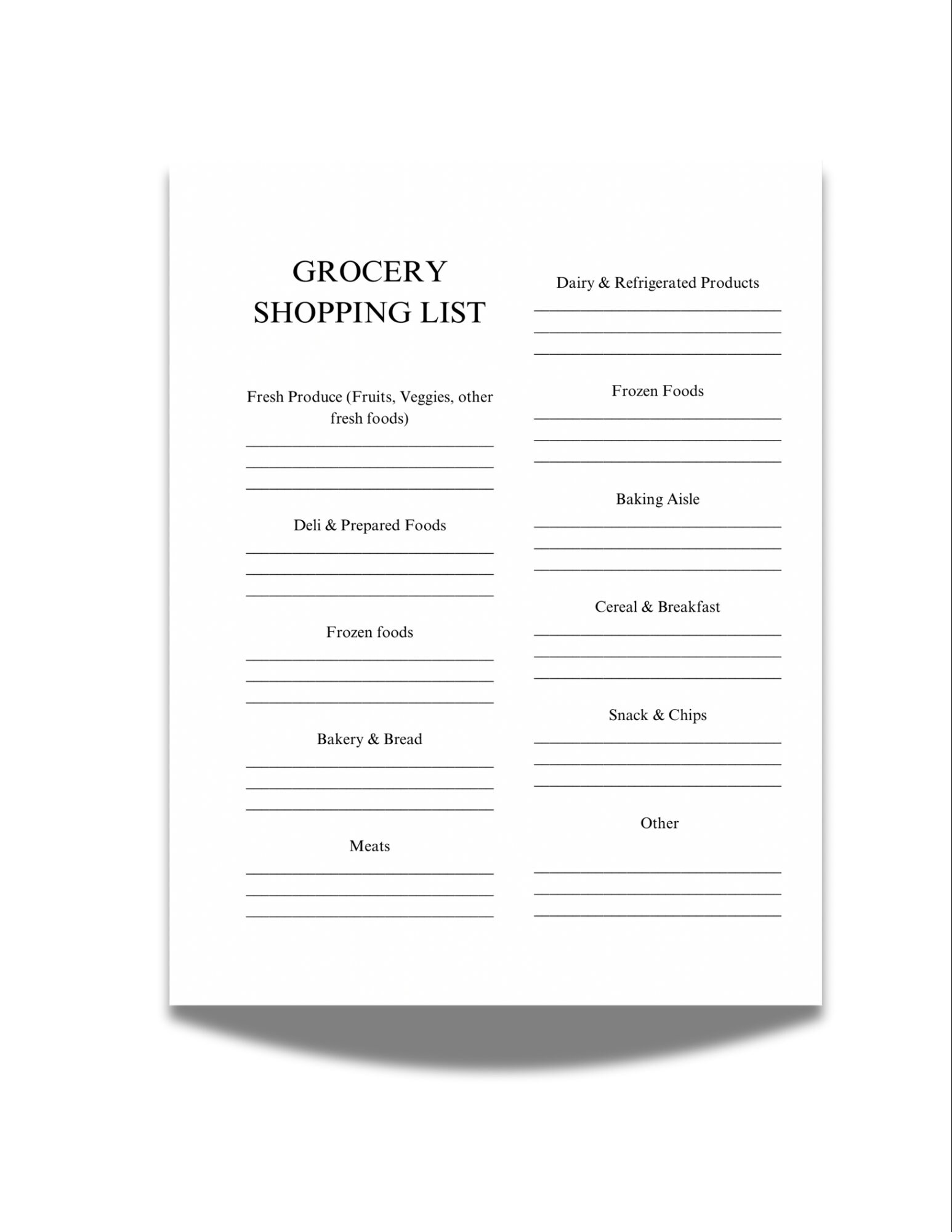 One Page Printable Grocery Shopping List by Section | Meal Planner ...
