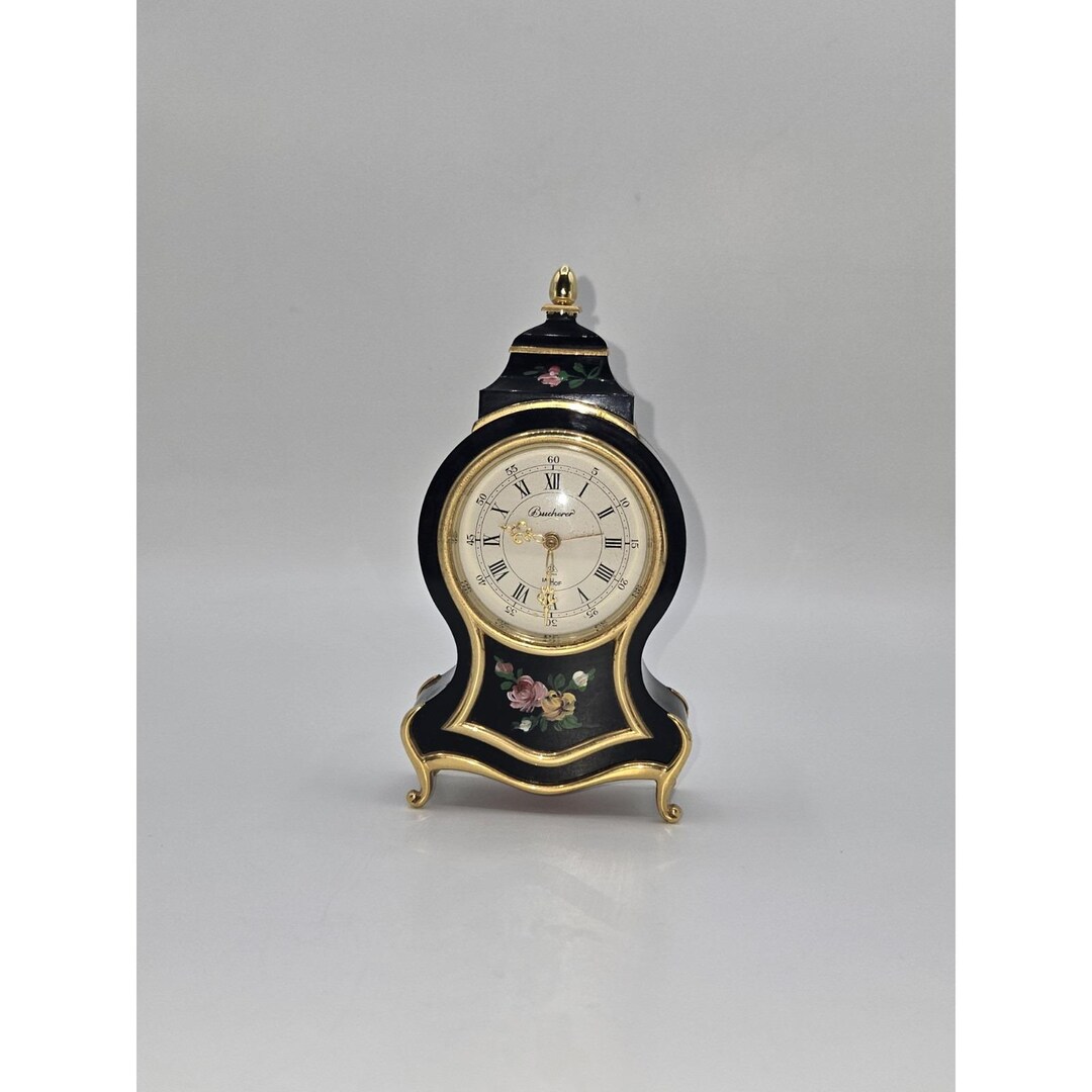 Bucherer Swiss Hand Painted Mantel Clock Black Gold Floral 6" PARTS ...