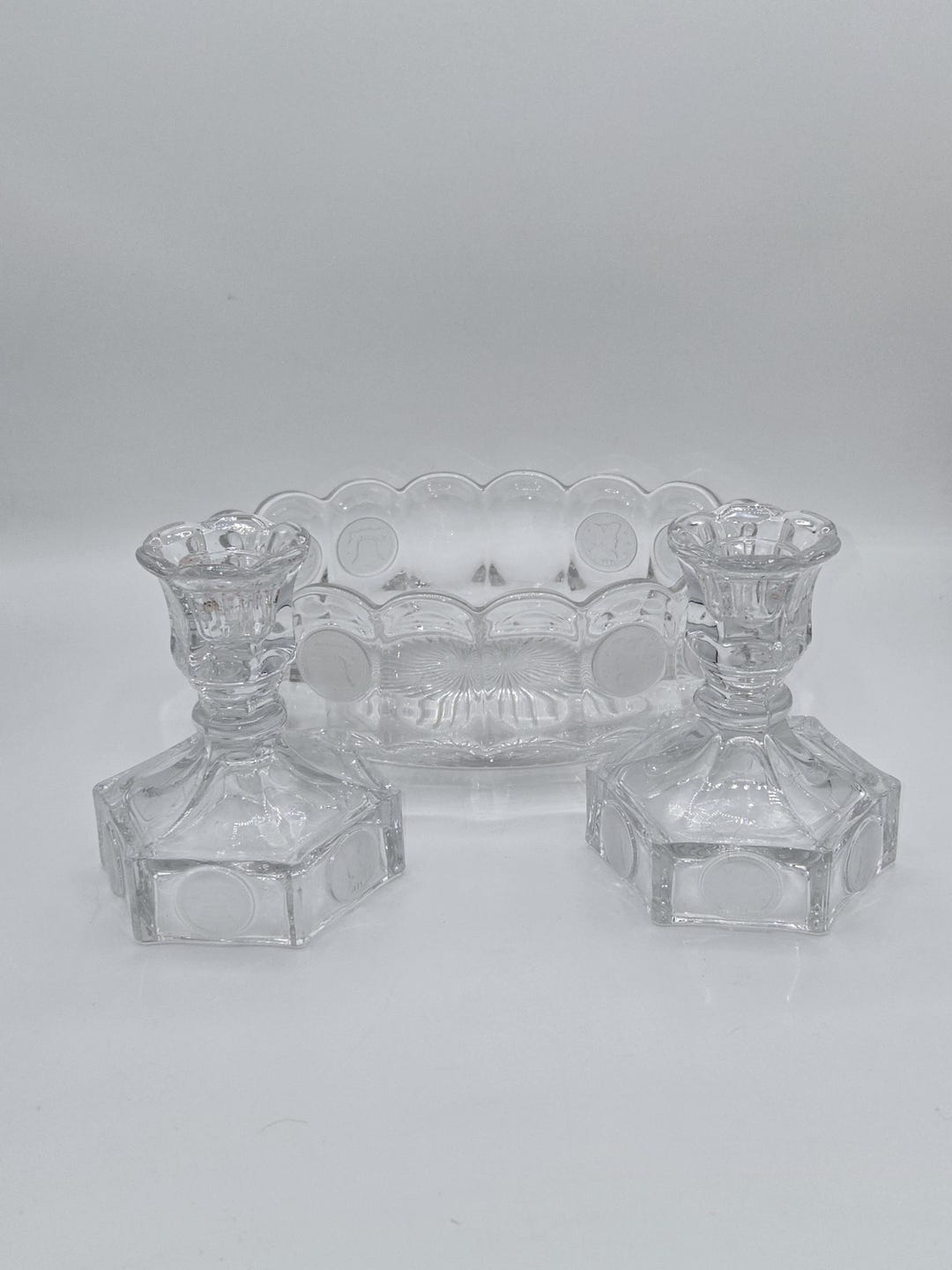 Vintage Coin Dot Glass Centerpiece Bowl & Candle Holders Set Clear - Etsy