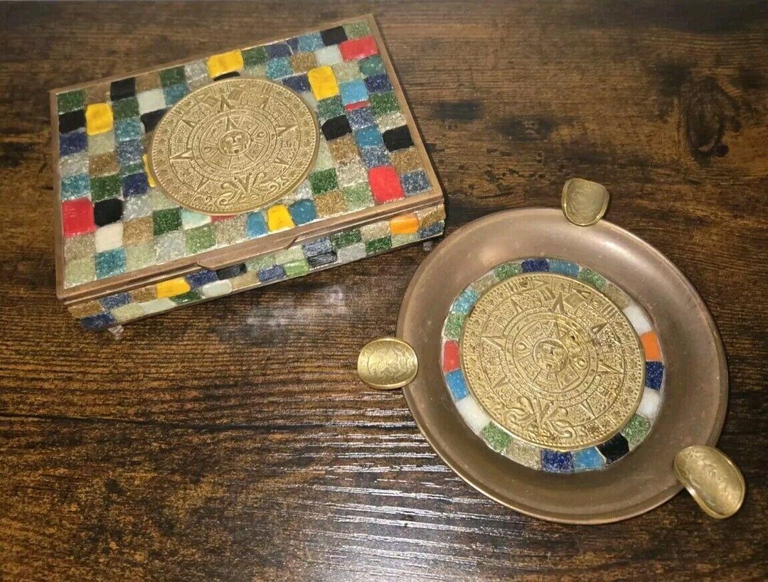 Vintage Brass Stone Aztec Mayan Calendar Cigarette Box & Ashtray Set ...