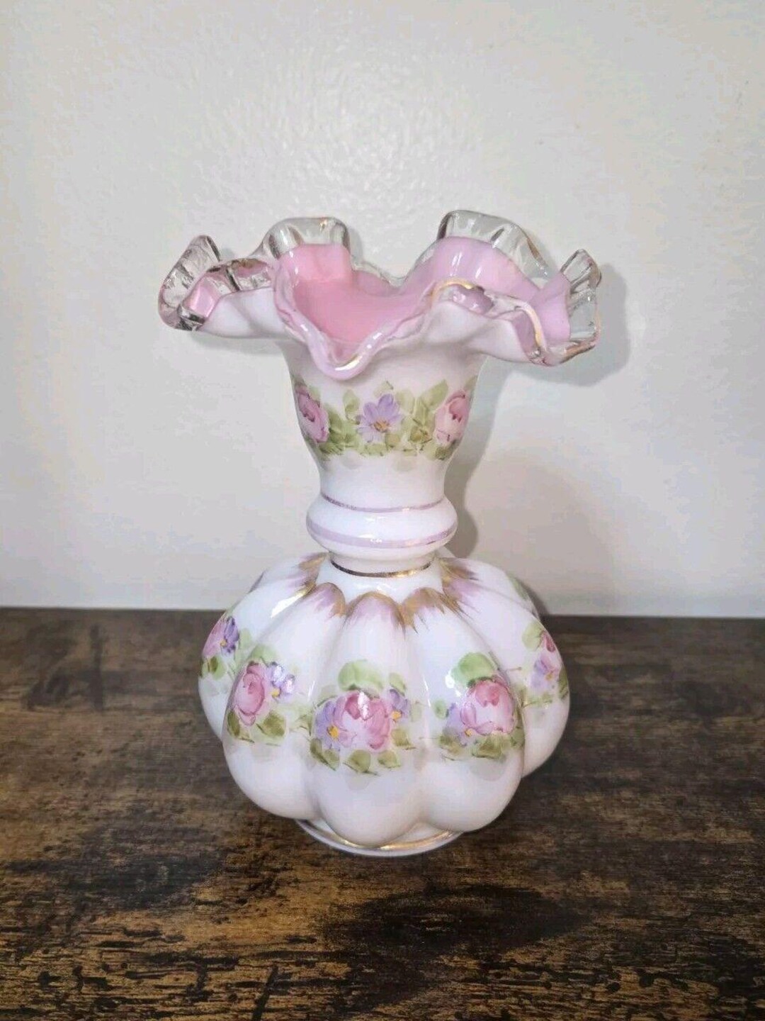 Fenton CHARLETON Peach Crest Melon Vase Roses Gold Trim - Etsy