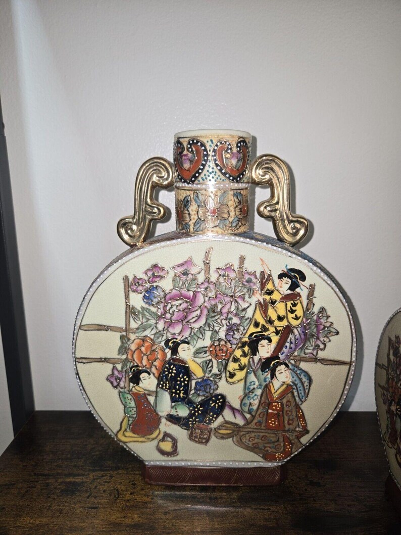 Royal Satsuma Japan Asian Hand Painted Geisha Gold Amphora Vase Set of ...