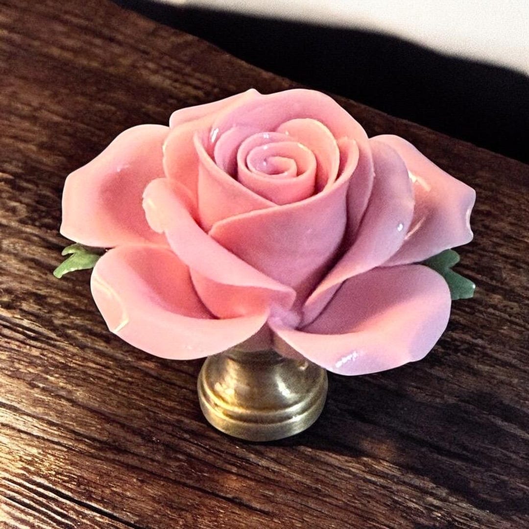 Pink Rose Porcelain Lamp Finial 2” Tall 2.25” Wide Antique Brass Base ...