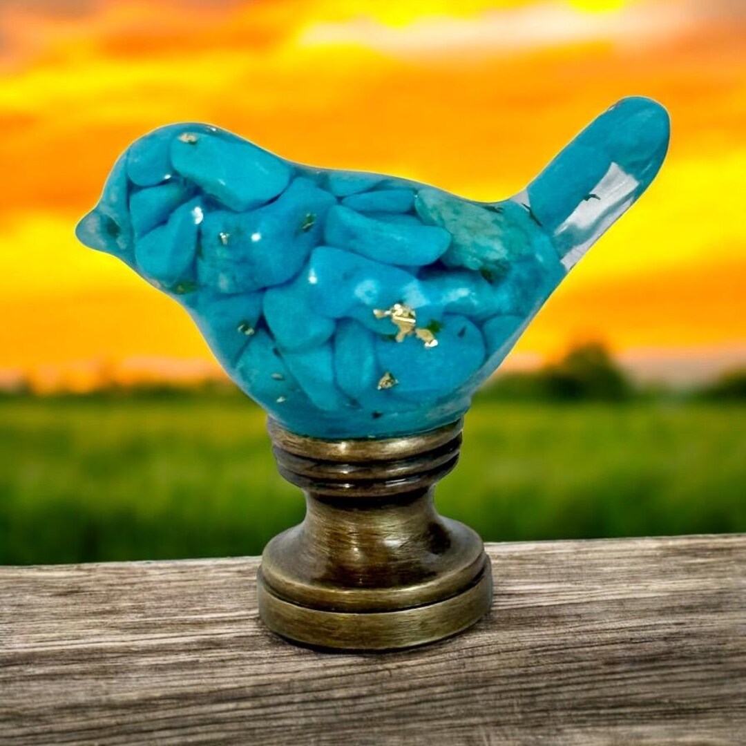 Turquoise Faux Gemstone Bird Lamp Finial Antique Brass Base Southwest ...