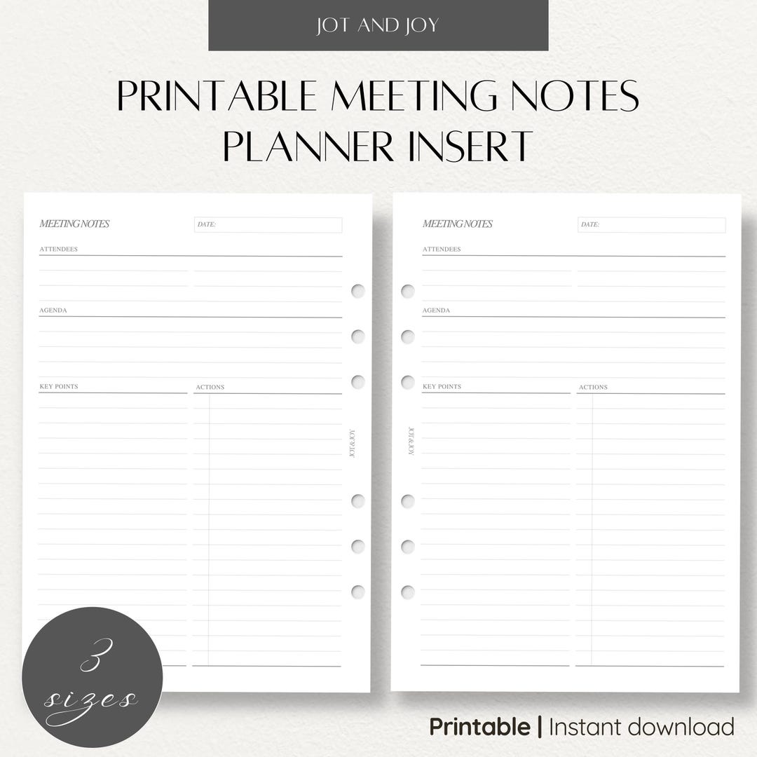 Meeting Notes Printable Template: Minimalist A4, A5, US Letter (PDF ...
