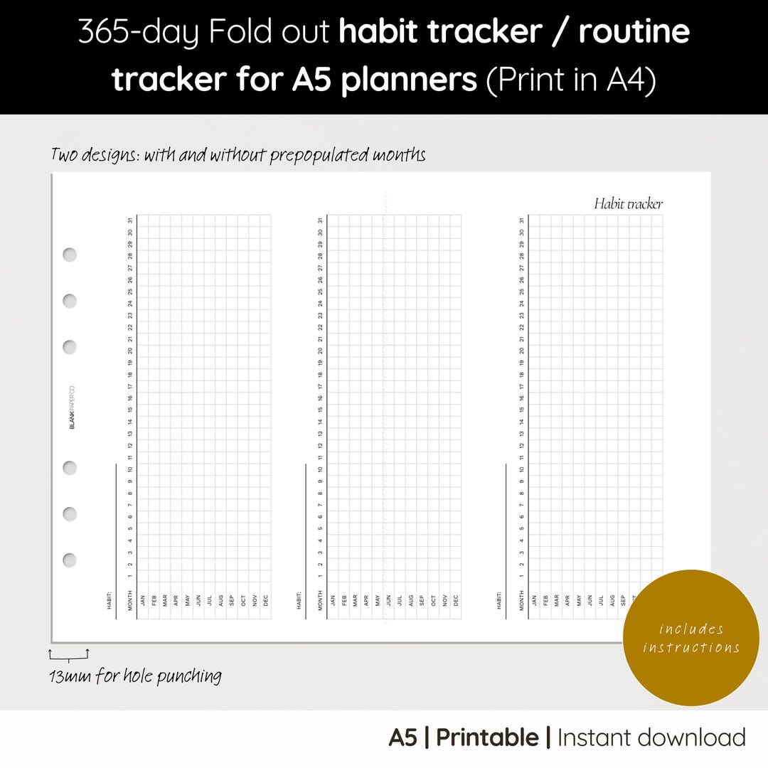 365-day Yearly Habit Tracker: Fold Out A5 Planner Insert - Printable ...