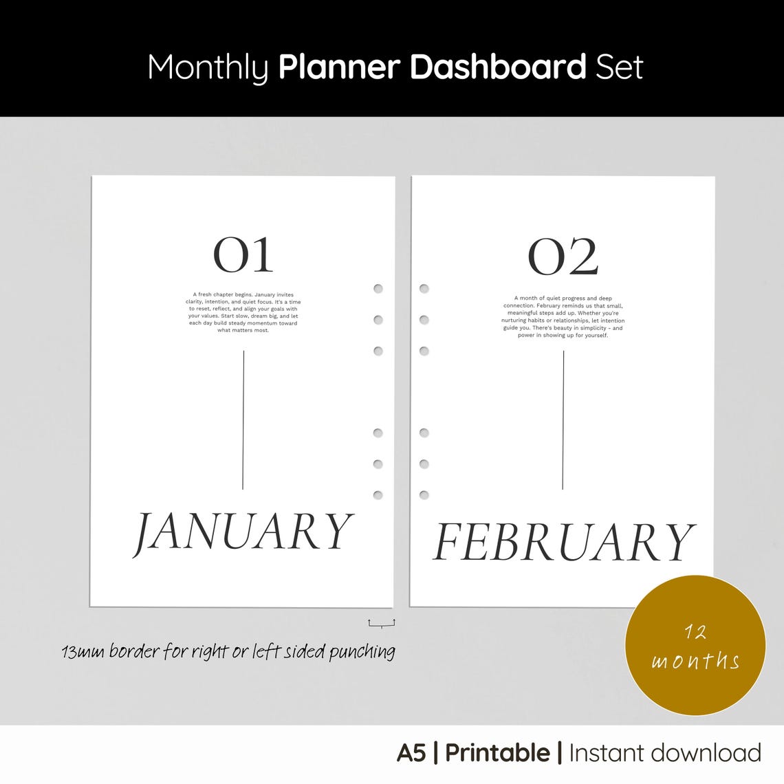 Monthly Planner Dashboards: Minimal A5 Printable Inserts (PDF Download ...