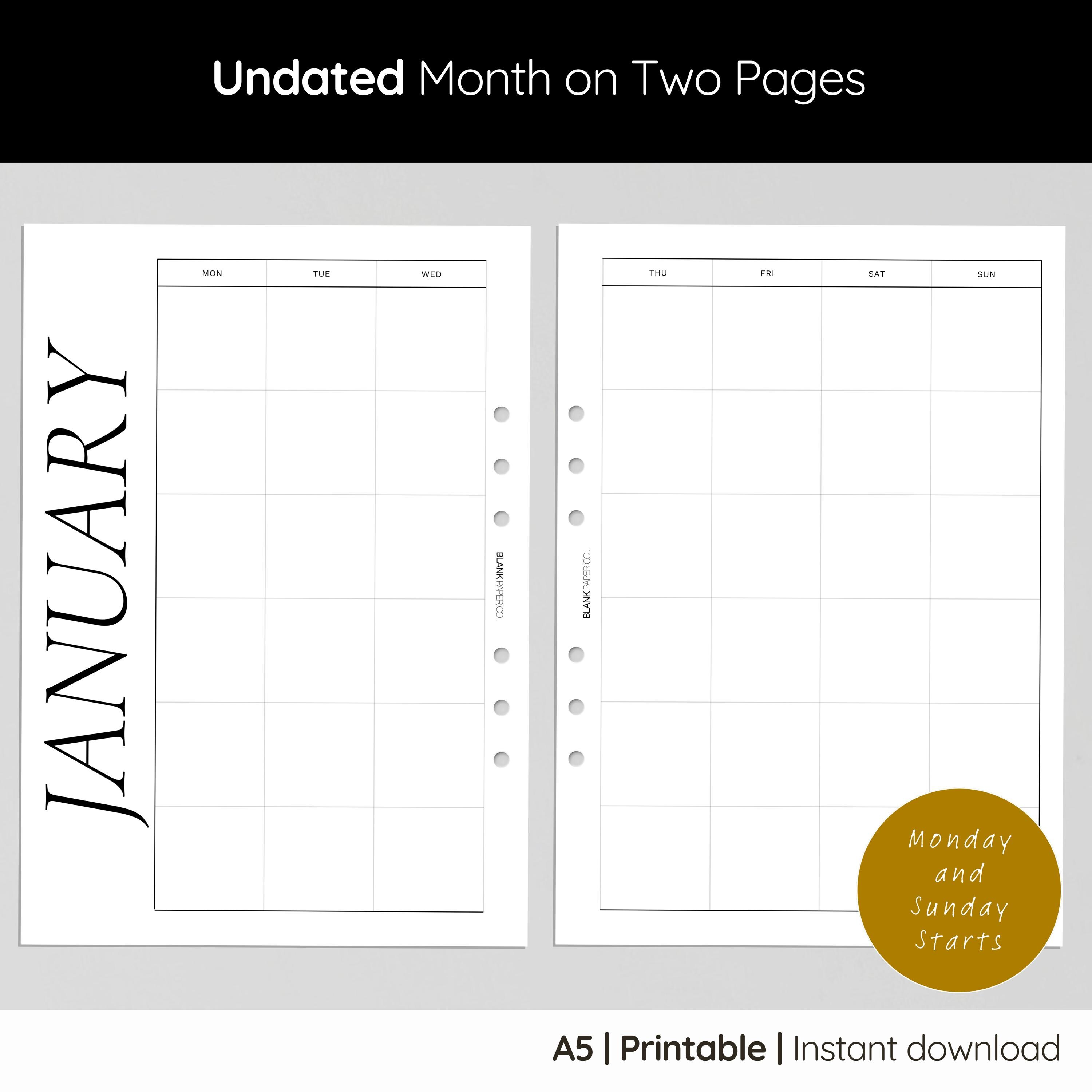 Undated | A5 Minimalist Monthly Planner Insert: Monday/sunday Start ...