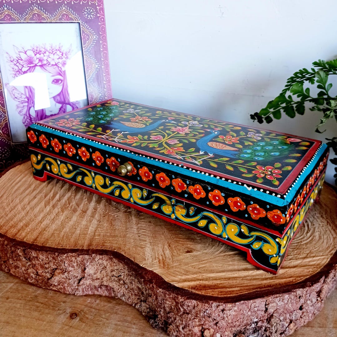 Hand Painted Peacock Indian Wooden Jewellery Box - Etsy