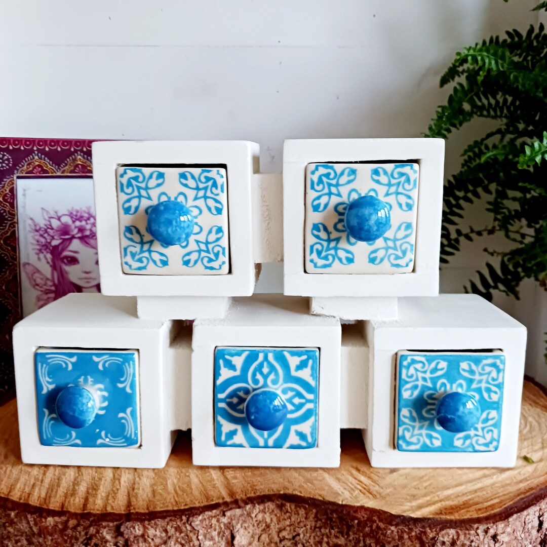 Wooden Mini Chest Blue & White | 5 Ceramic Drawers - Etsy