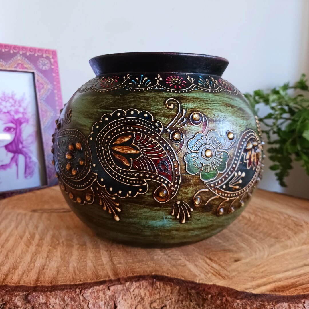 Hand Painted Indian Wooden Pot - Etsy