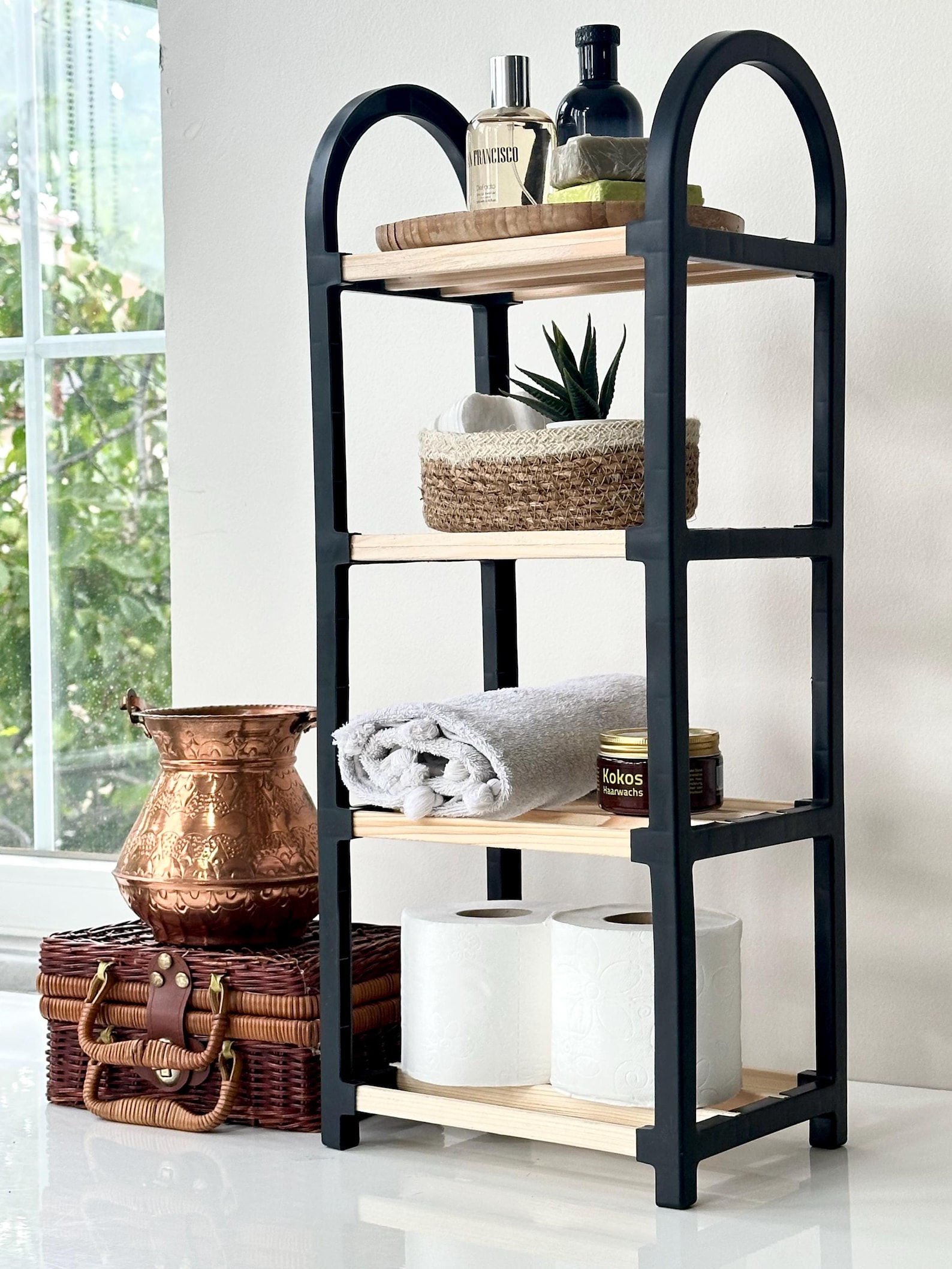 Wooden 4-tier Bathroom Storage Rack, Multi-purpose Organizer for Towels ...