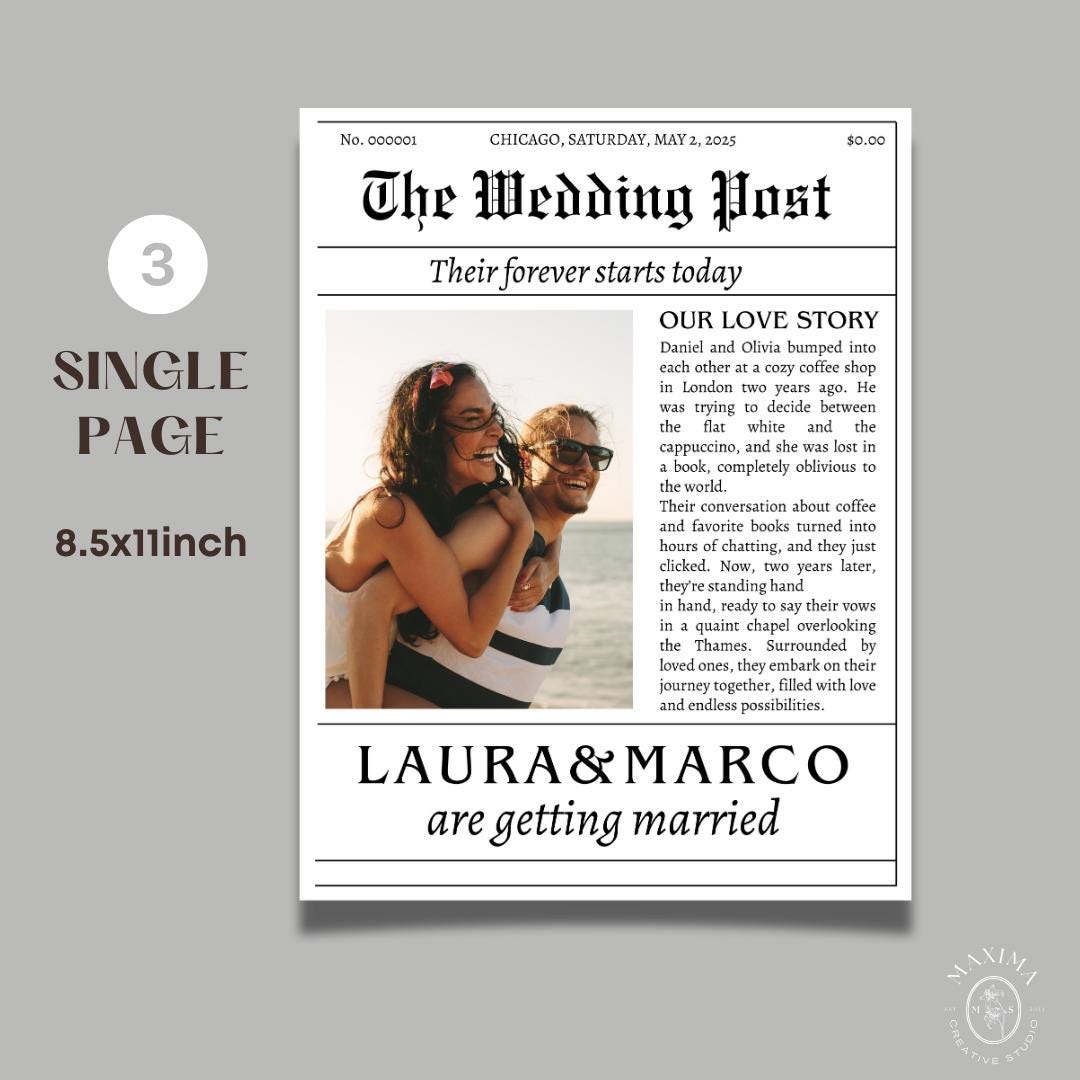 Large Newspaper Wedding Program, Folded Printable Wedding Newspaper ...