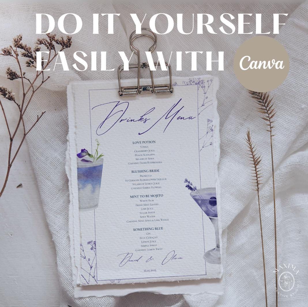 Floral Drinks Menu Template, Wedding Drink Bar Menu Template Printable ...