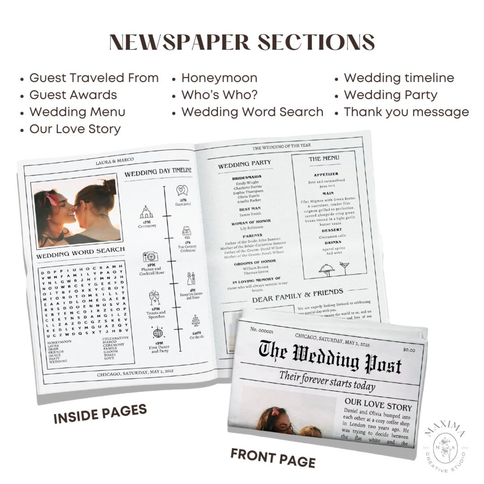 Large Newspaper Wedding Program, Folded Printable Wedding Newspaper ...