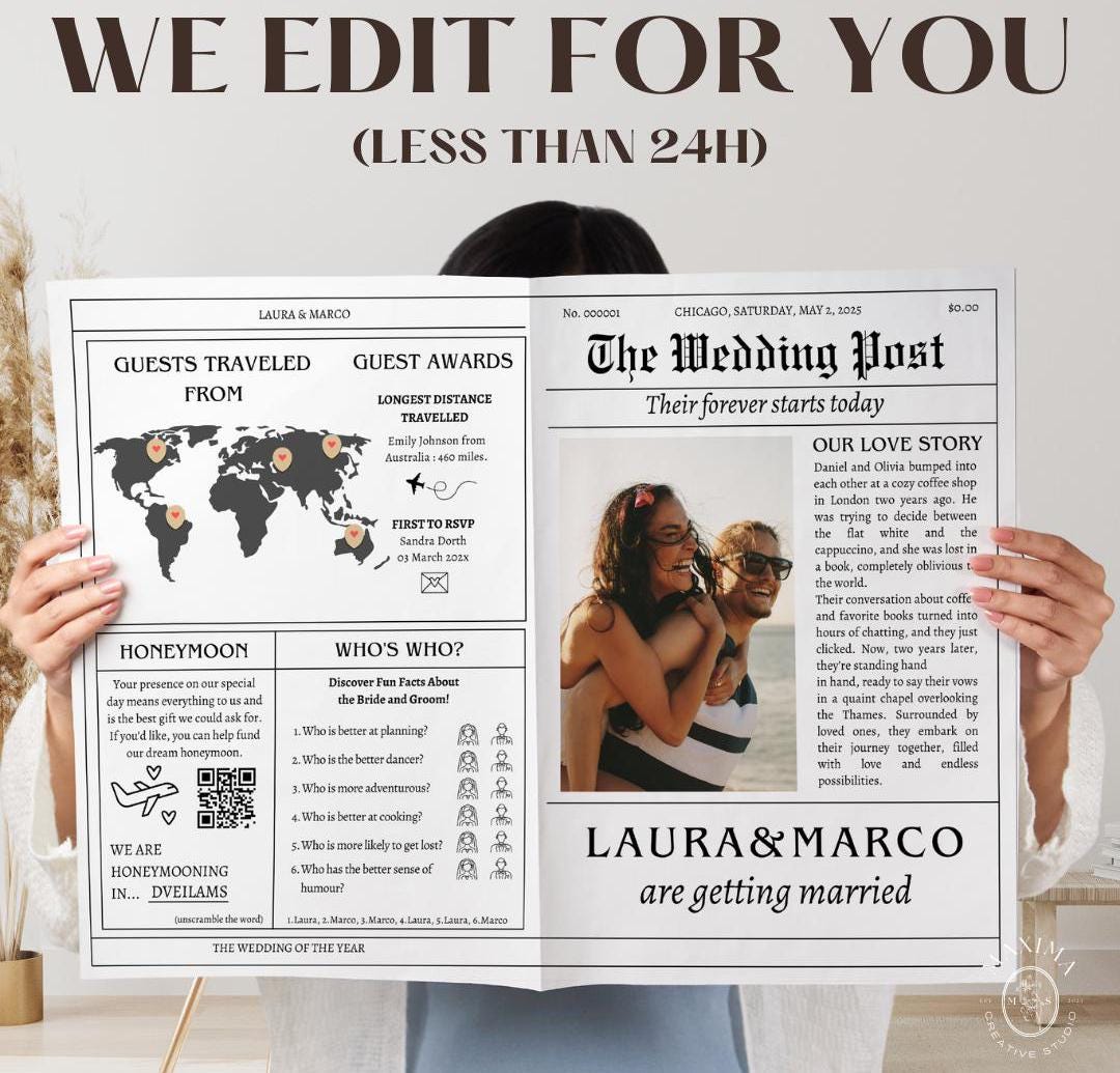 Large Newspaper Wedding Program, Folded Printable Wedding Newspaper ...