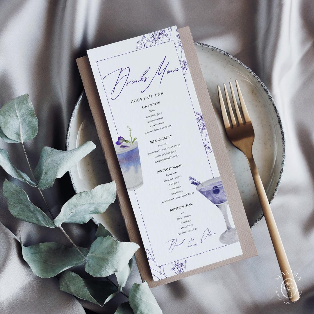 Floral Drinks Menu Template, Wedding Drink Bar Menu Template Printable ...