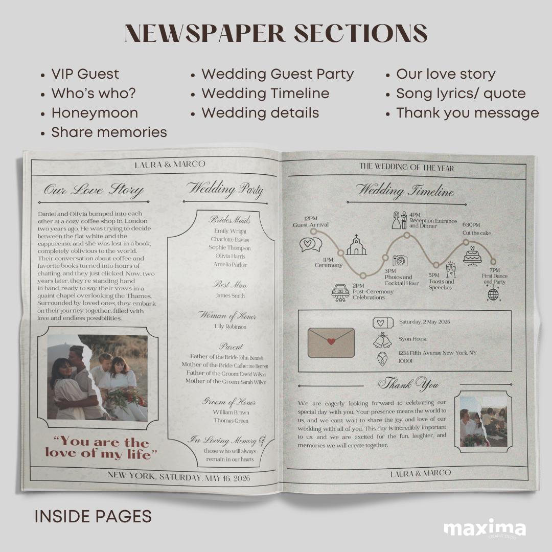 Newspaper Wedding Program Template, Infographic Ceremony Newspaper ...