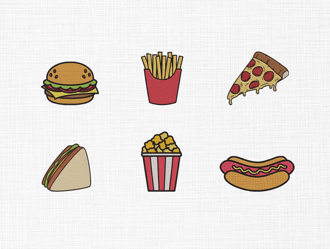 Fast Food Embroidery Design, Burger, Pizza Slice, Hotdog, Sandwich ...