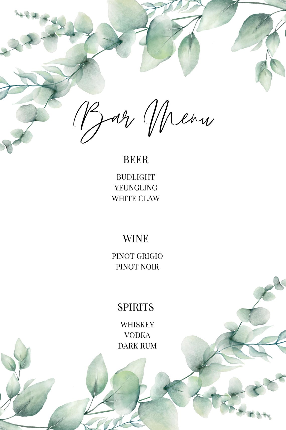 Custom Bar Menu Sign, Custom Bar Wedding Sign, Editable Bar Menu Sign ...