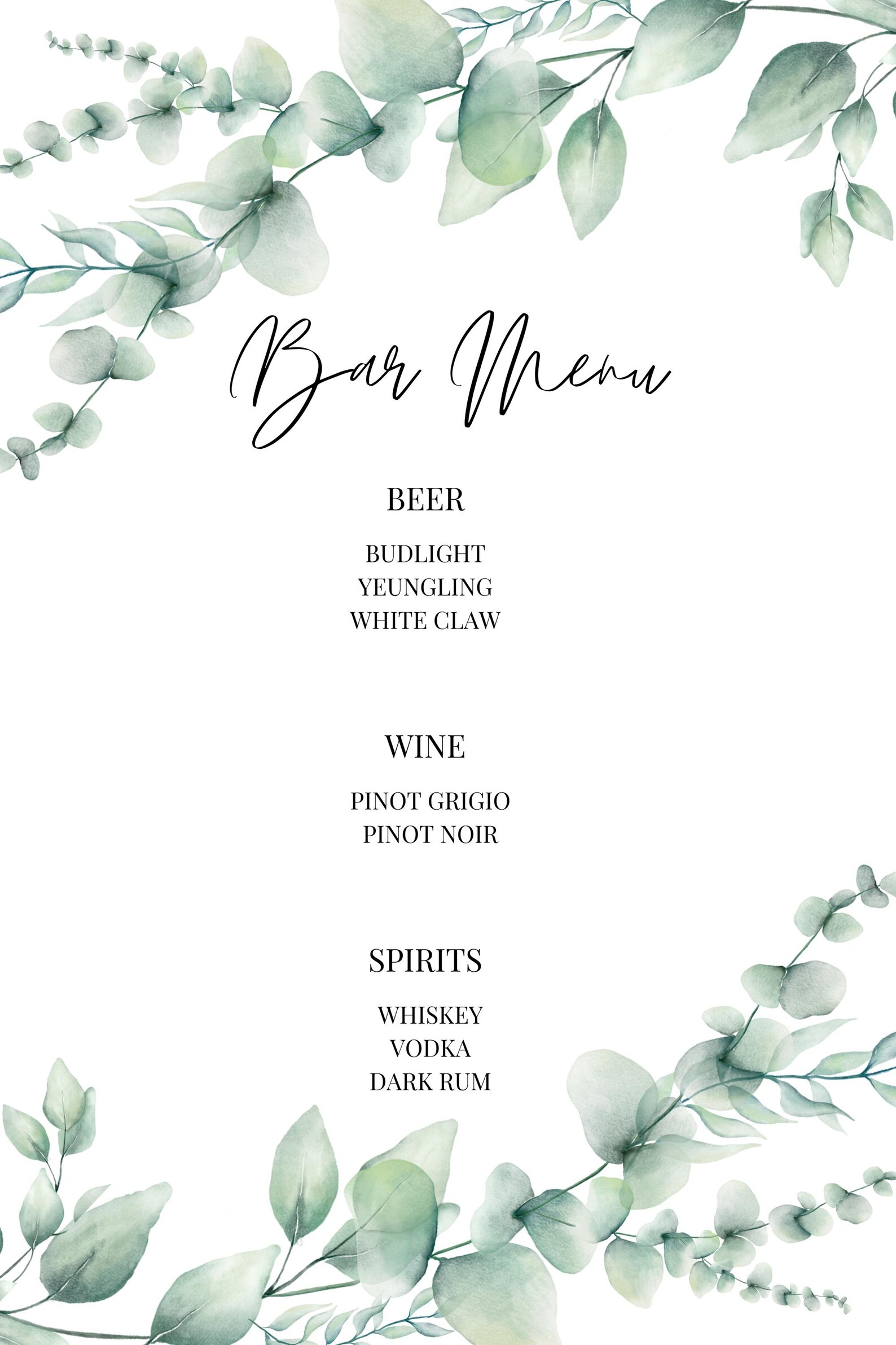 Custom Bar Menu Sign, Custom Bar Wedding Sign, Editable Bar Menu Sign ...