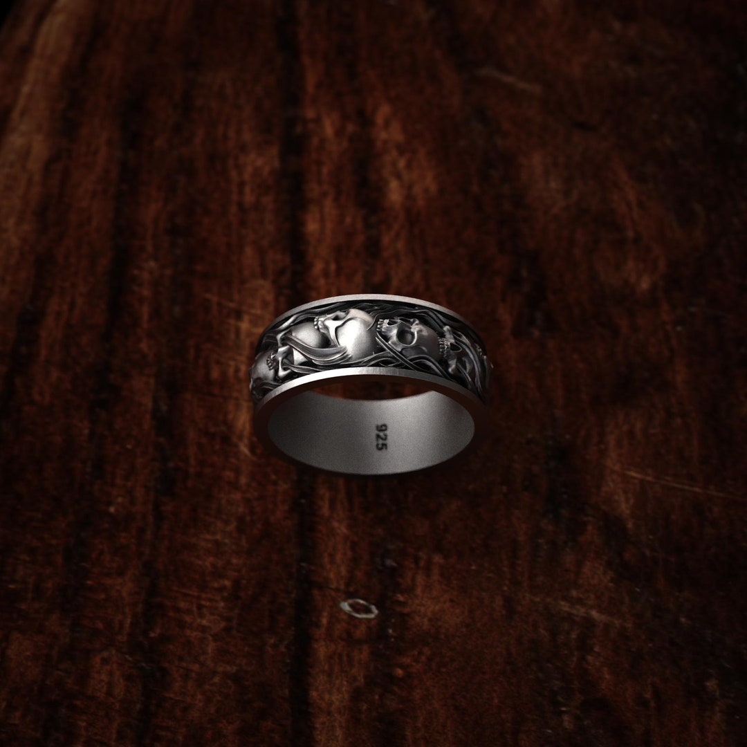 925 Skull Ring, Skull Engraved Biker Ring Gift, Men Statement Band, Gothic Jewelry, Sterling ...