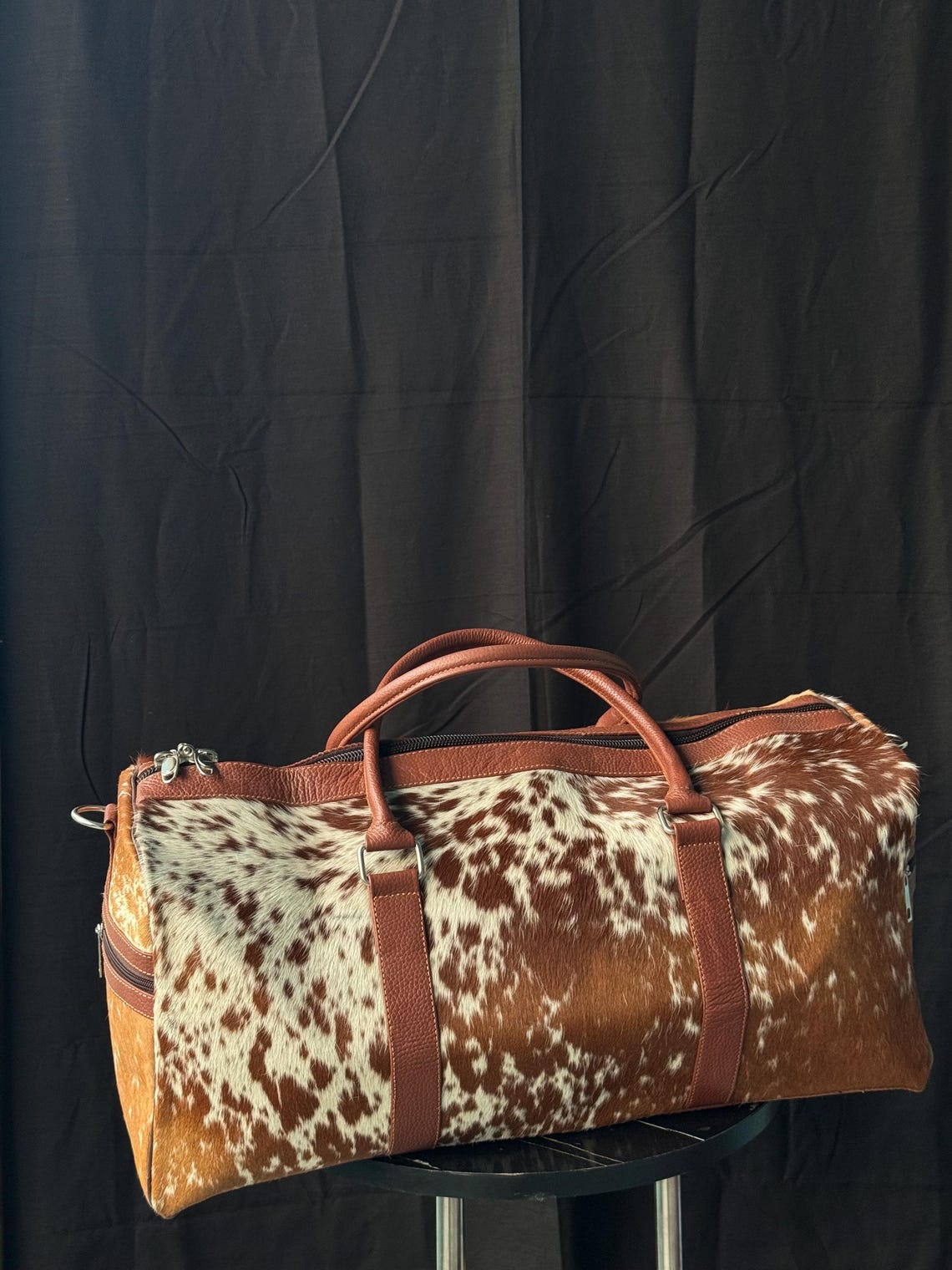 Hair on Cow Hide Duffle Bag, Handmade Leather Weekender Black & White ...