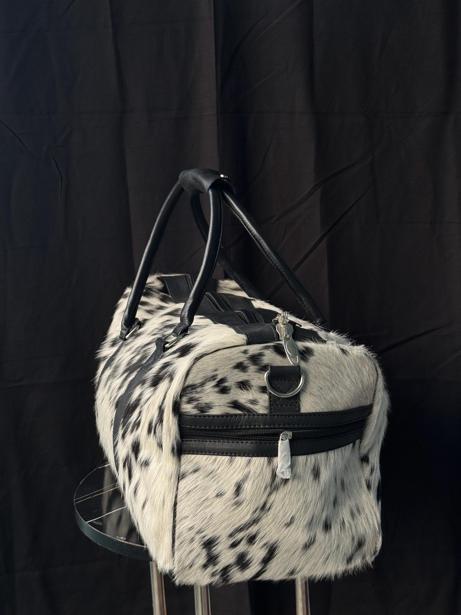 Hair on Cow Hide Duffle Bag, Handmade Leather Weekender Black & White ...