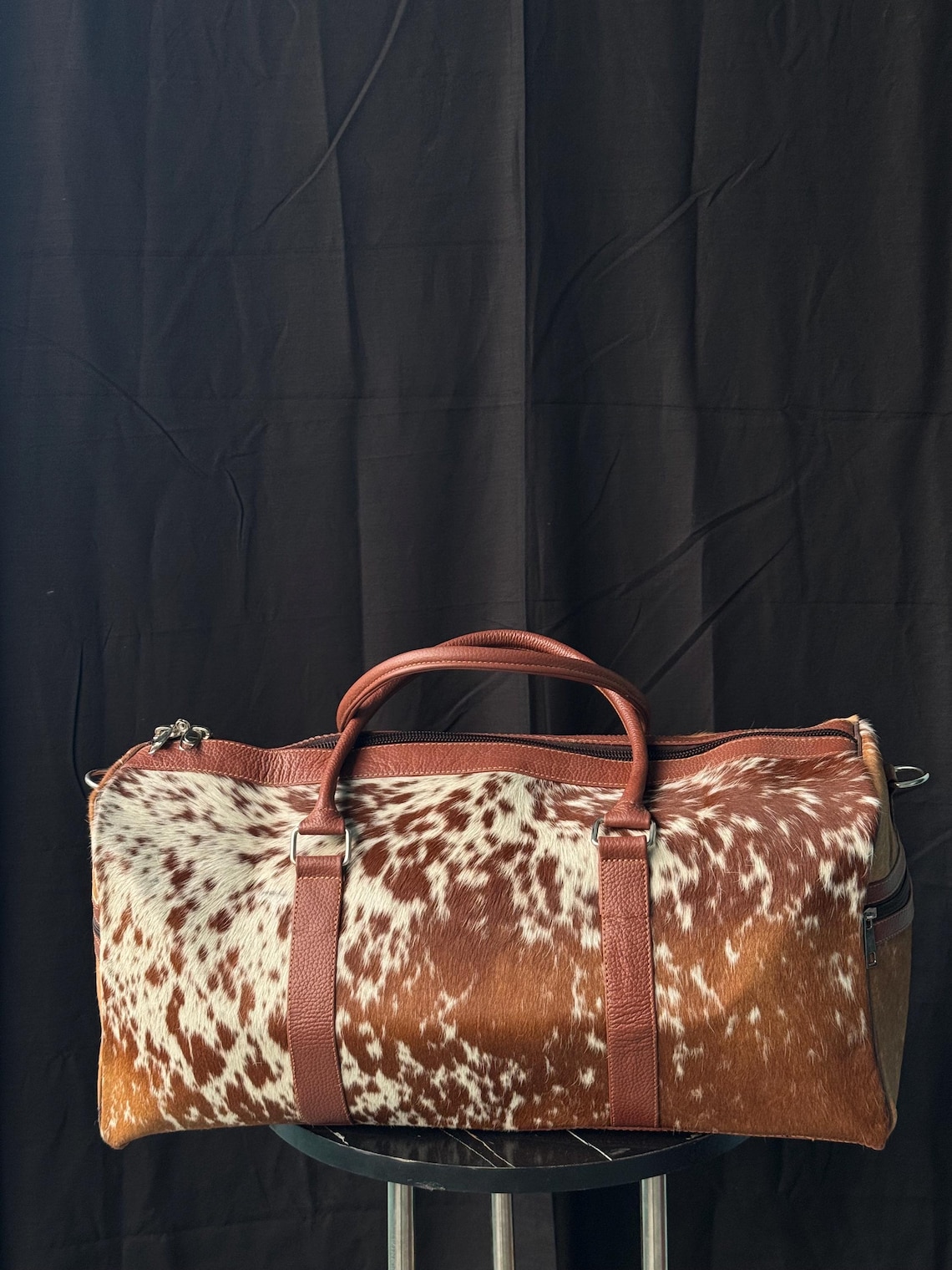 Hair on Cow Hide Duffle Bag, Handmade Leather Weekender Black & White ...