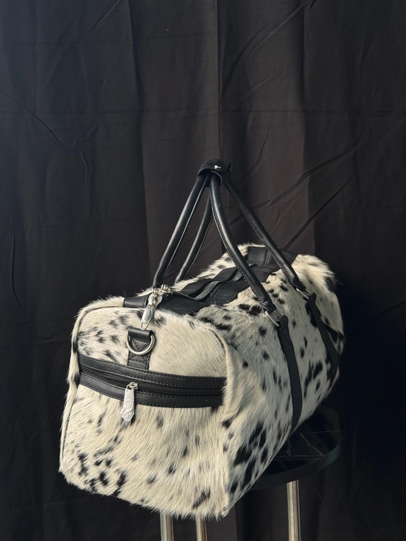 Hair on Cow Hide Duffle Bag, Handmade Leather Weekender Black & White ...