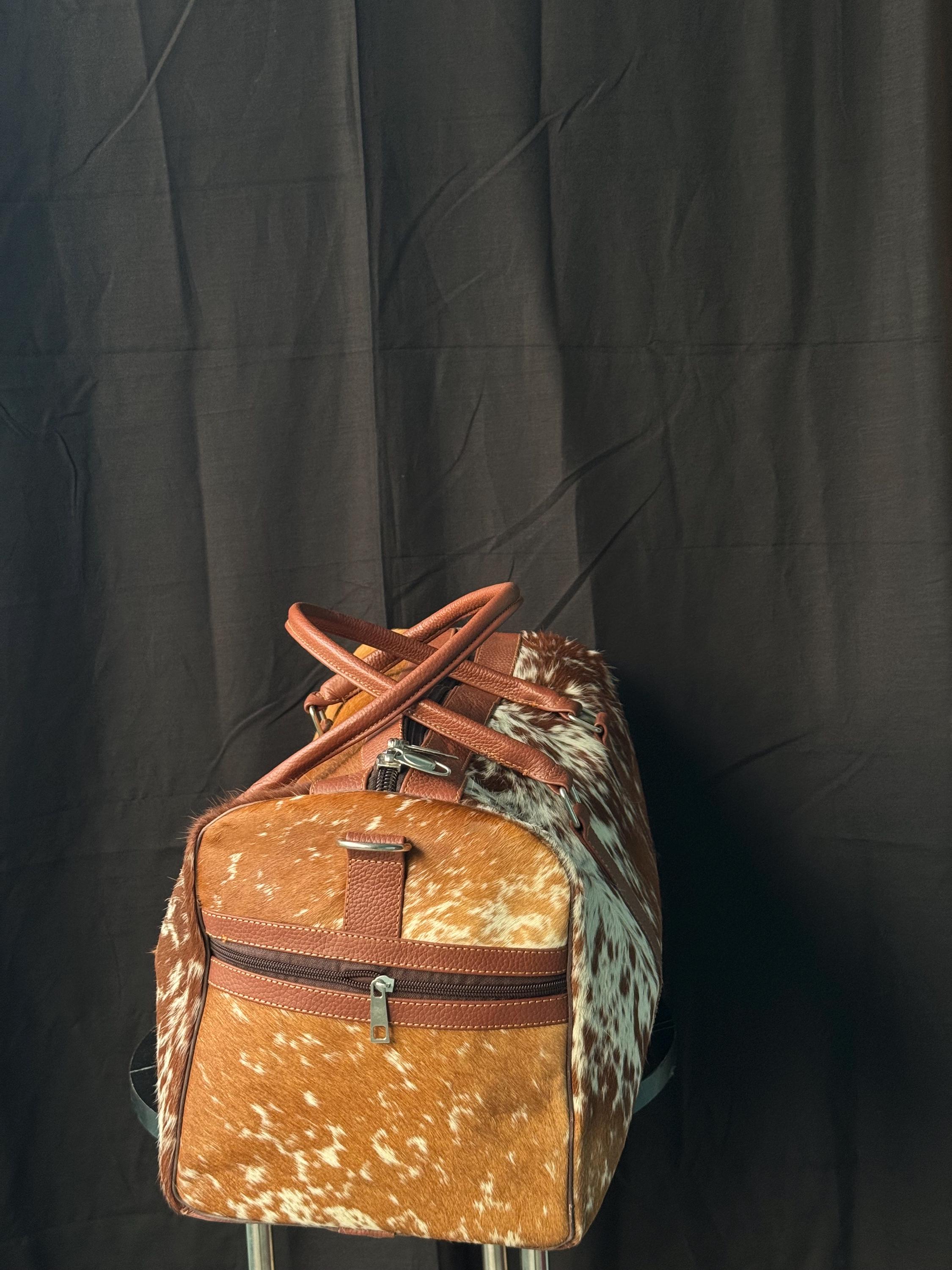 Hair on Cow Hide Duffle Bag, Handmade Leather Weekender Black & White ...
