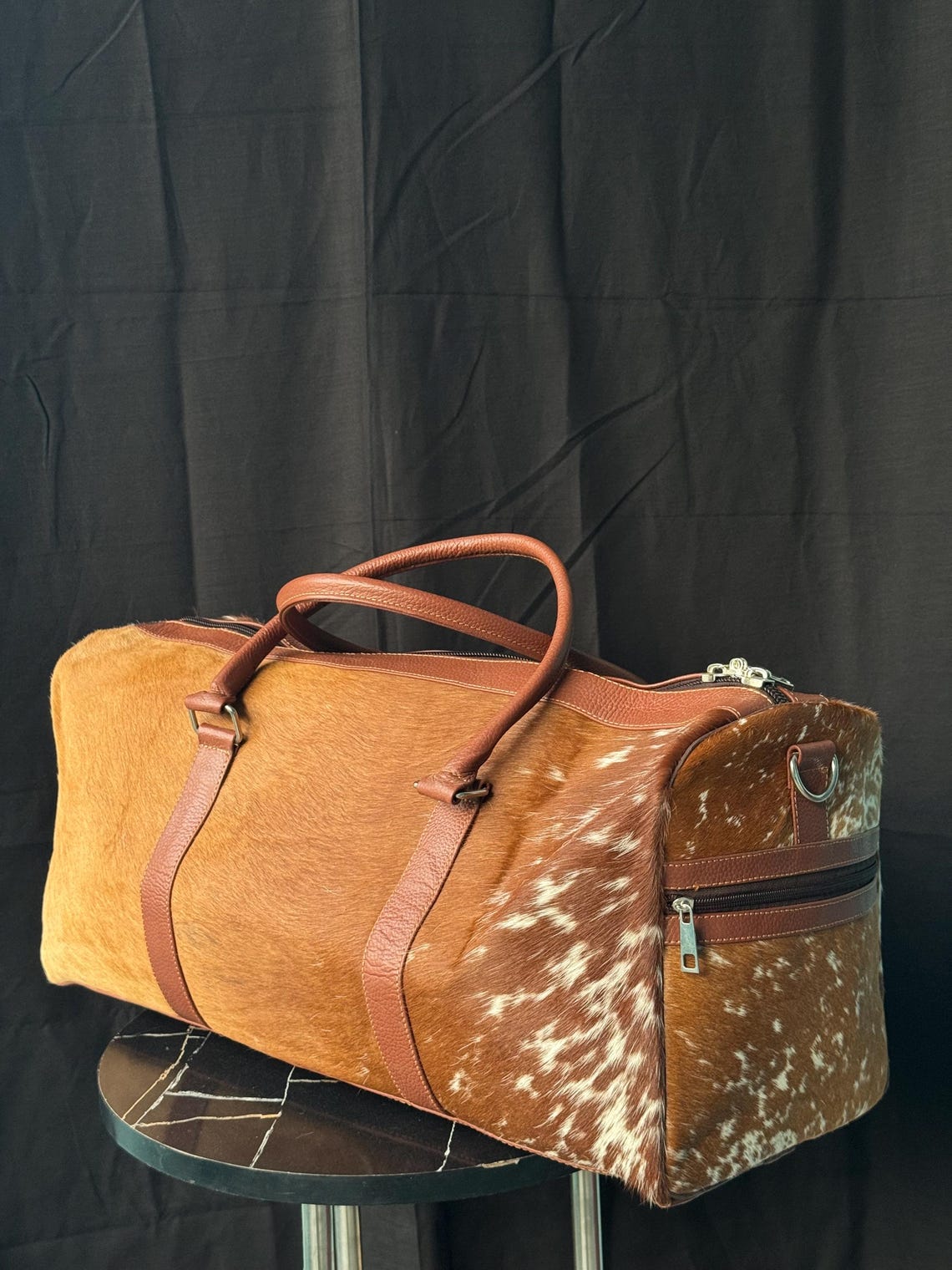 Hair on Cow Hide Duffle Bag, Handmade Leather Weekender Black & White ...