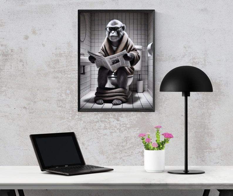 High-resolution Quirky Monkey Reading Newspaper Whimsical Bathroom Art ...