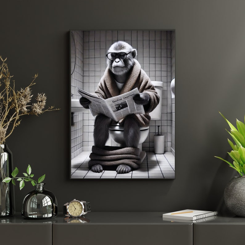 High-resolution Quirky Monkey Reading Newspaper Whimsical Bathroom Art ...