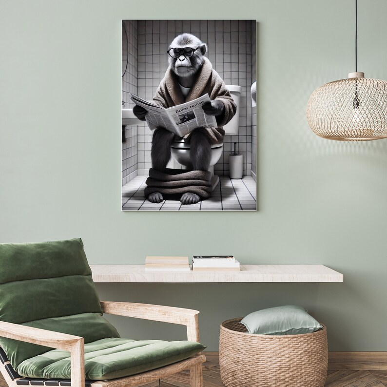 High-resolution Quirky Monkey Reading Newspaper Whimsical Bathroom Art ...