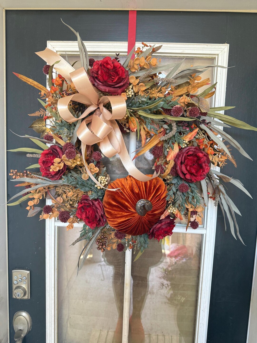 Extra Large Fall Pumpkin Wreath: Velvet Pumpkin, Plaid Ribbon & Florals ...