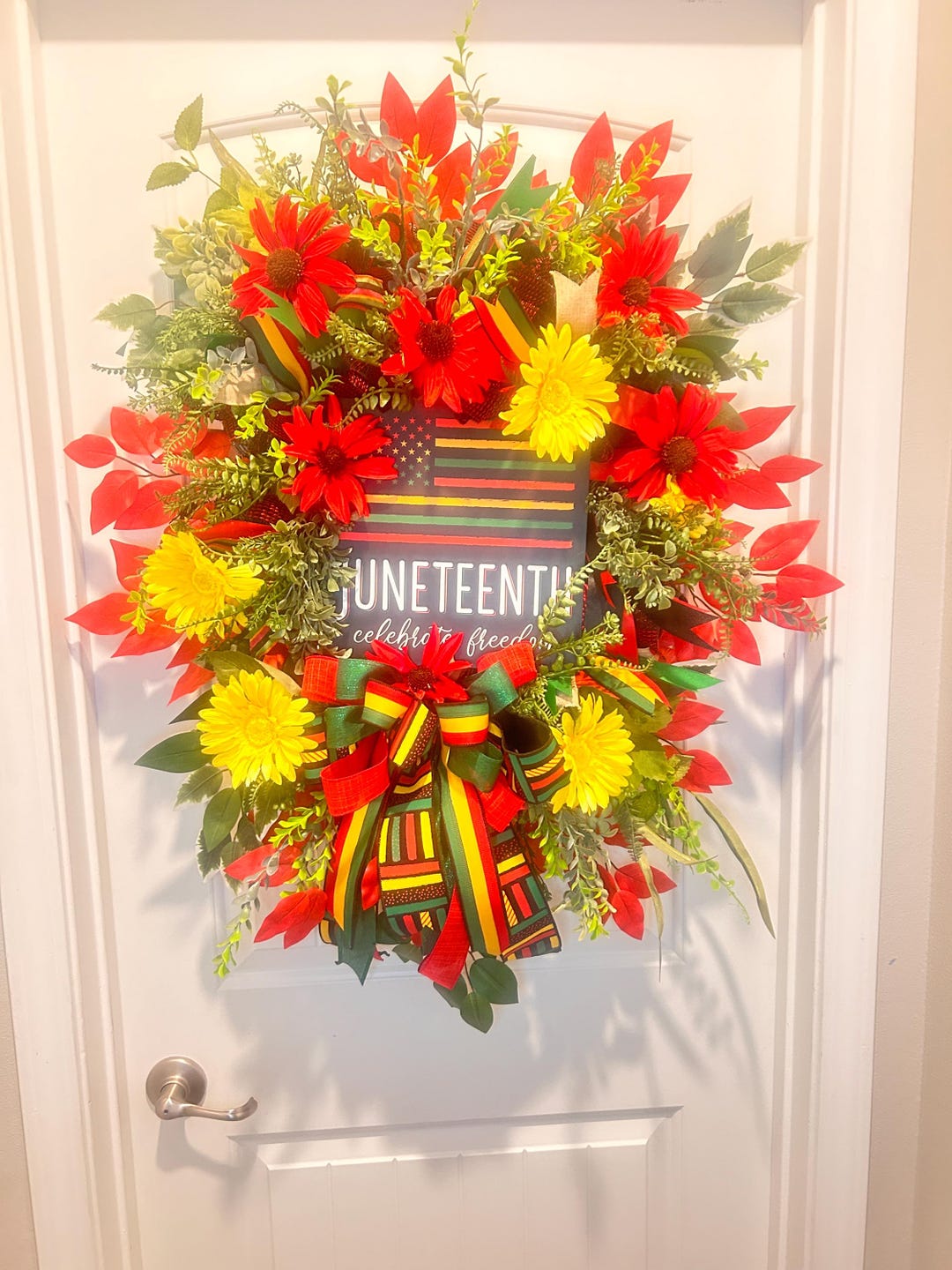 Juneteenth Wreath With Celebrate Freedom Sign | Red Yellow Green Kente ...