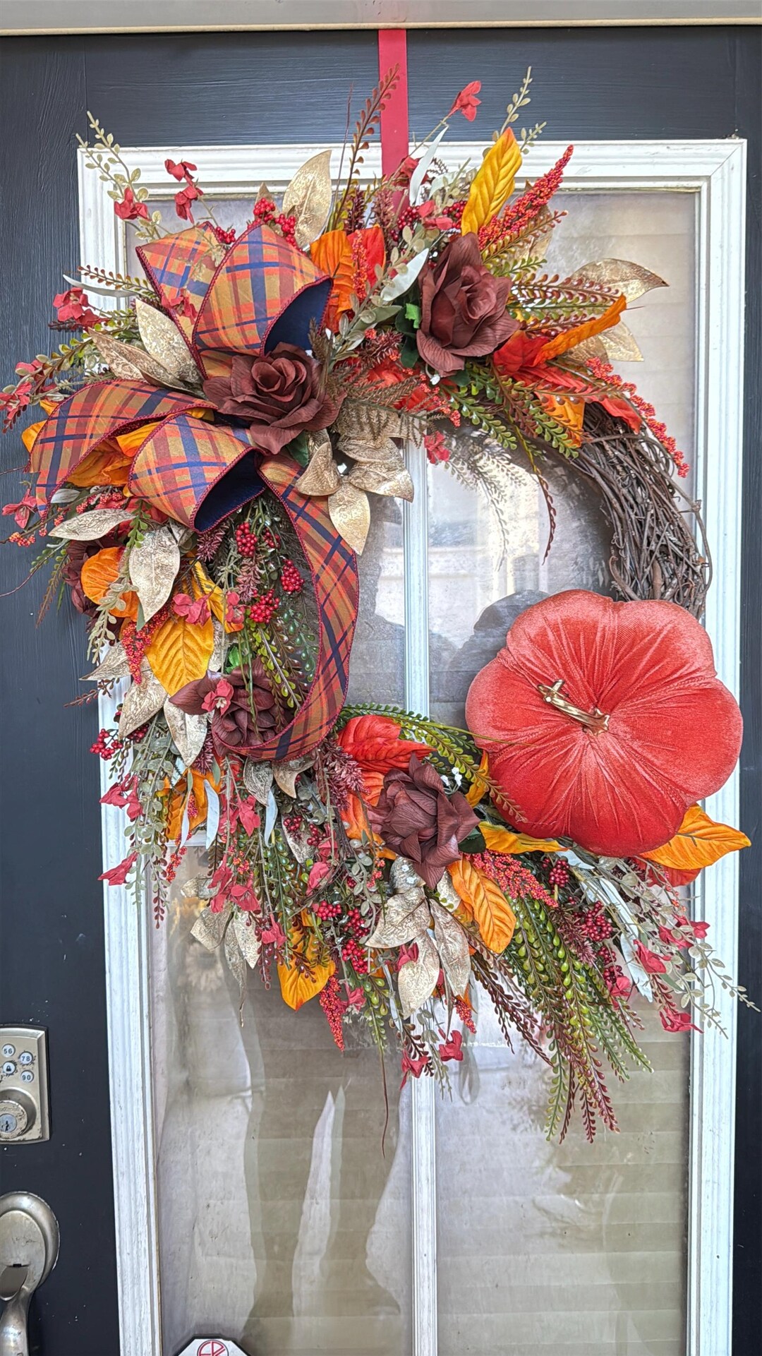Extra Large Fall Pumpkin Wreath: Plaid Ribbon & Velvet Pumpkin - Etsy